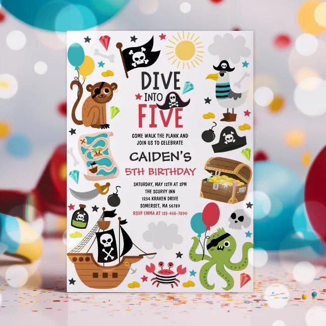 Dive Into Five Pirate Ship 5th Birthday Party Invitation | Zazzle