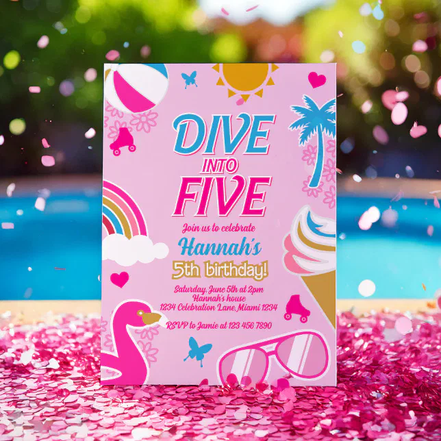 Dive into five Pool Party Birthday Girl summer Invitation | Zazzle