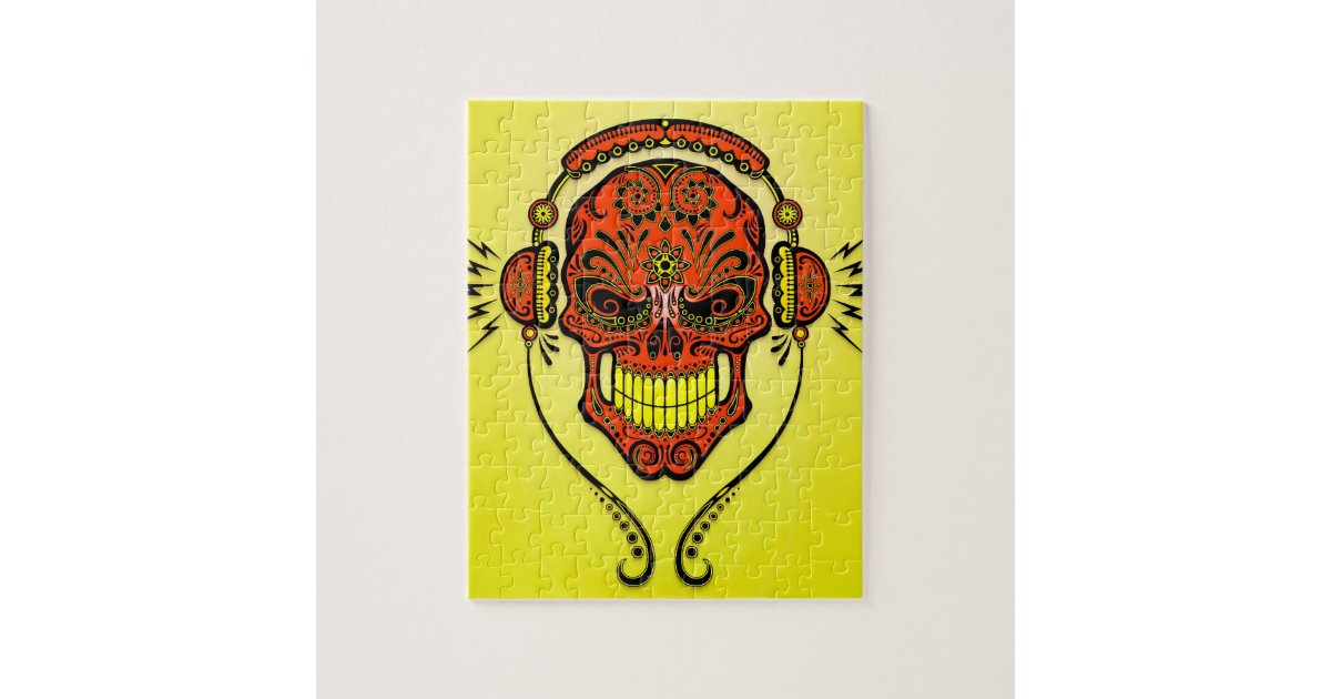 DJ Sugar Skull, red and yellow Jigsaw Puzzle | Zazzle