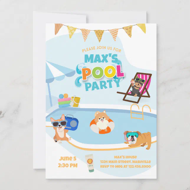 Dog Pool Party, Dog Pawty Birthday Blue Orange Invitation | Zazzle