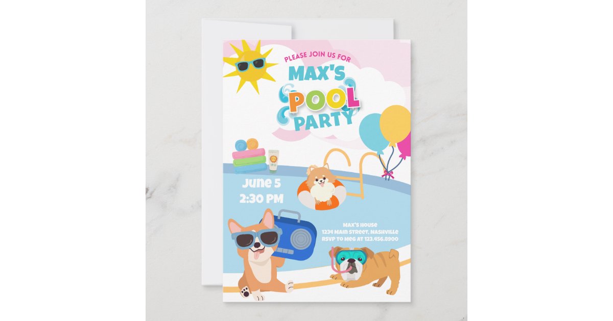 Dog Pool Party, Dog Pawty Birthday Summer Blue Invitation | Zazzle