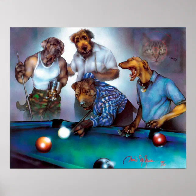 Dogs Playing Pool Poster | Zazzle