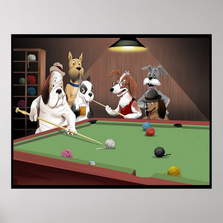 Dogs Playing Pool Poster