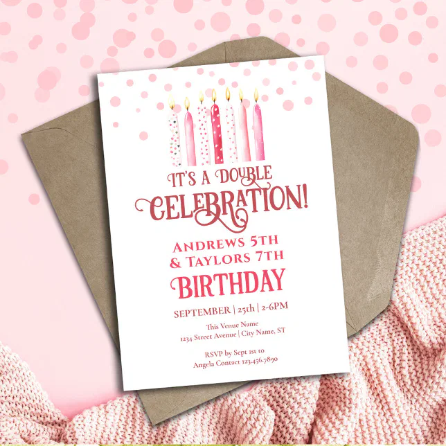 Double Birthday Party Kids Pink Candles Invitation | Zazzle