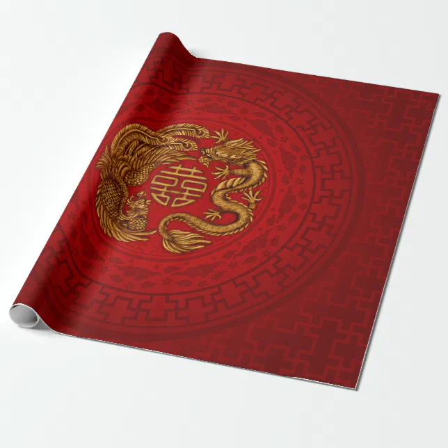 Double Happiness Symbol with Phoenix and Dragon Wrapping Paper | Zazzle