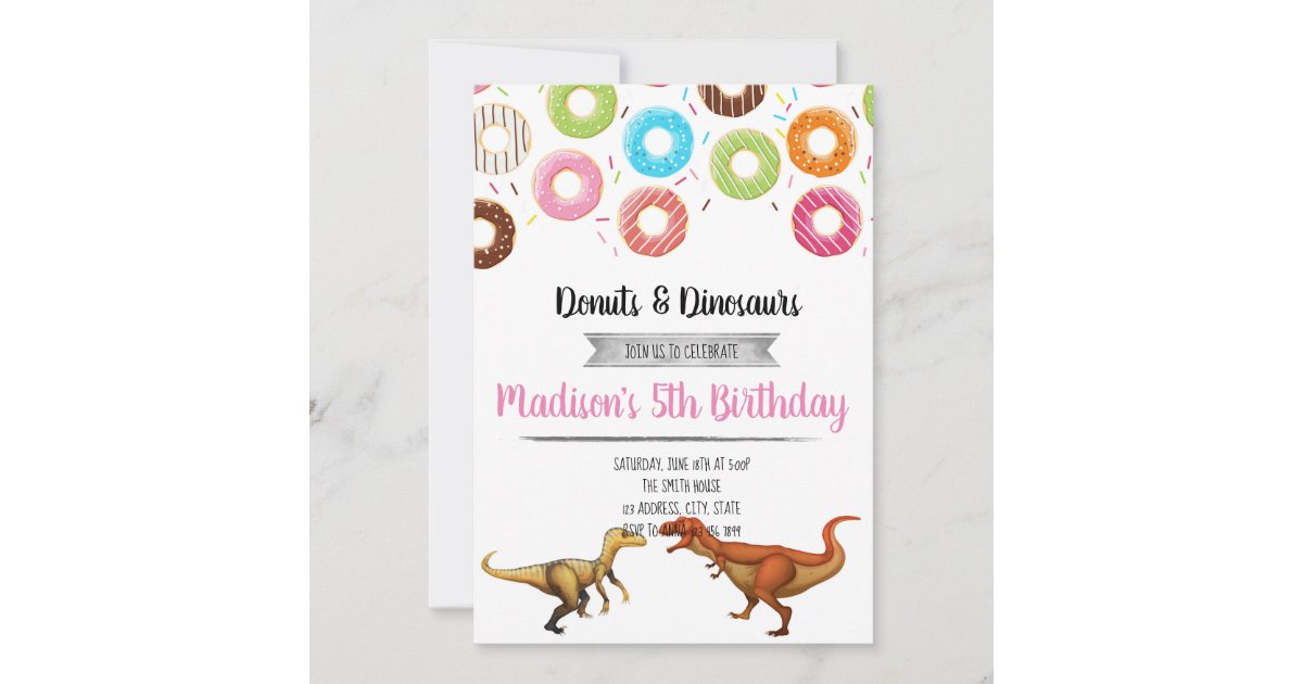 Doughnut and dinosaurs party invitation | Zazzle