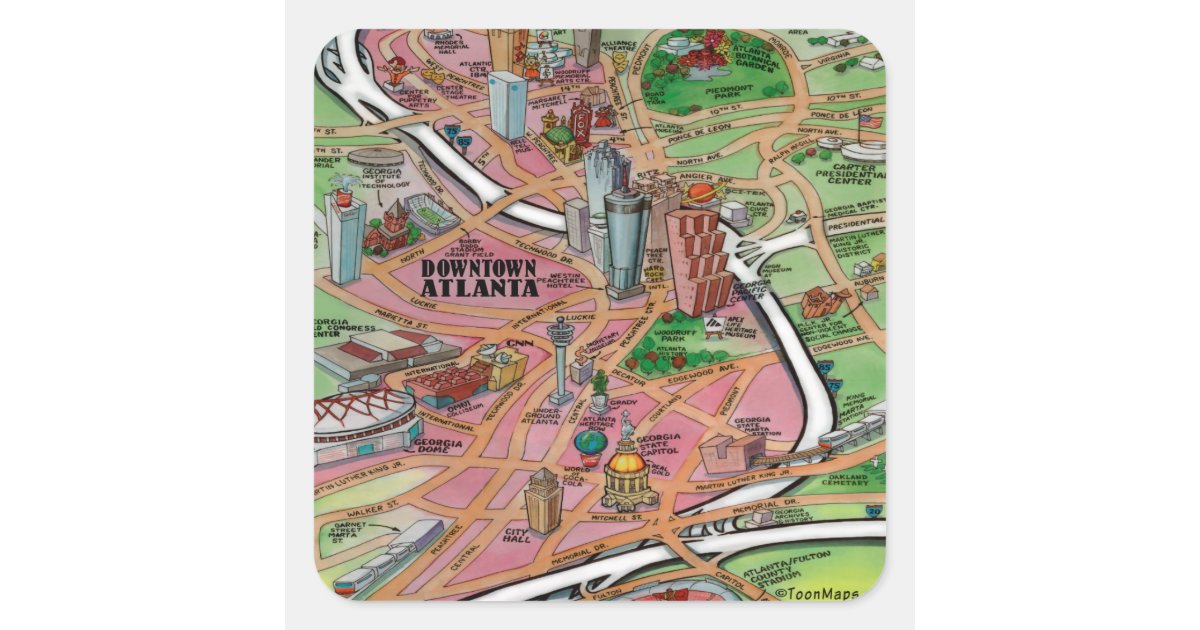 Downtown Atlanta Georgia Cartoon Map Square Sticker | Zazzle