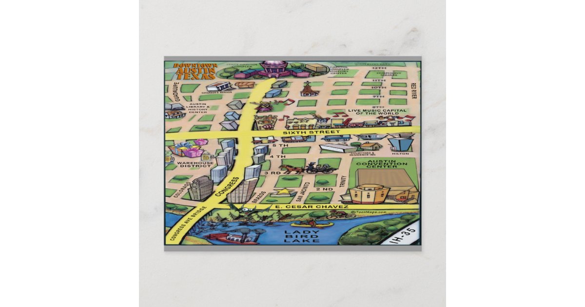 Downtown Austin Texas Cartoon Map Postcard | Zazzle