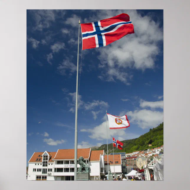 Downtown historic port area of Bergen wth flags Poster | Zazzle