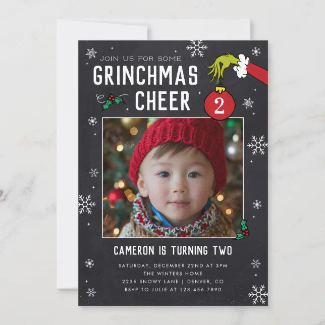 Dr. Seuss | Grinch Chalkboard Photo Birthday Invitation | Zazzle