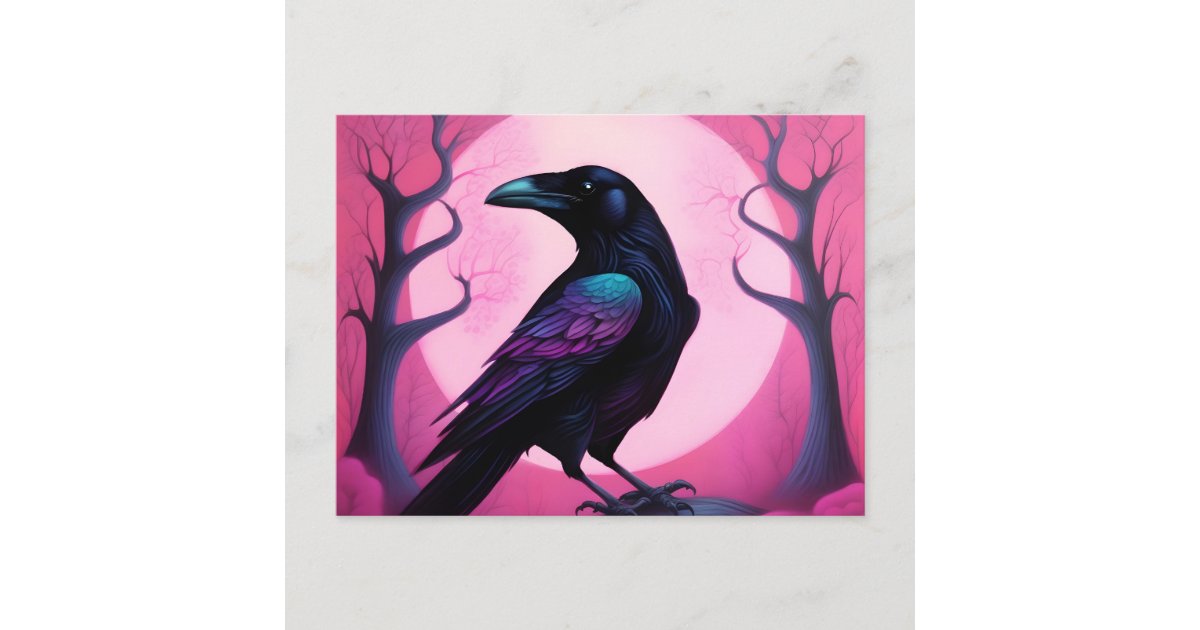 Drawing of a raven on neon pink background postcard | Zazzle