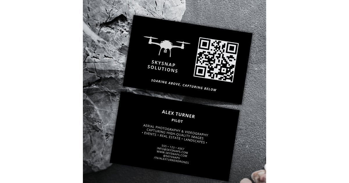 Drone Pilot Photography Custom QR Code Logo Black Business Card | Zazzle