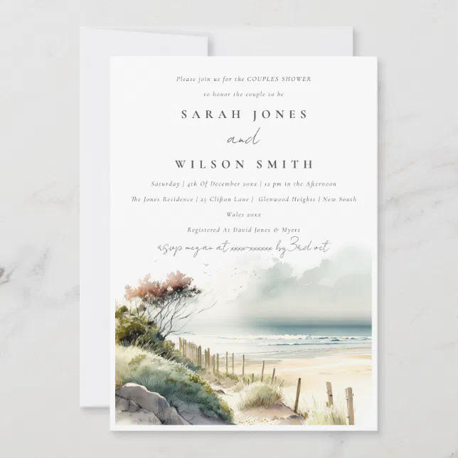 Dusky Coastal Sand Beach Seascape Couples Shower Invitation | Zazzle