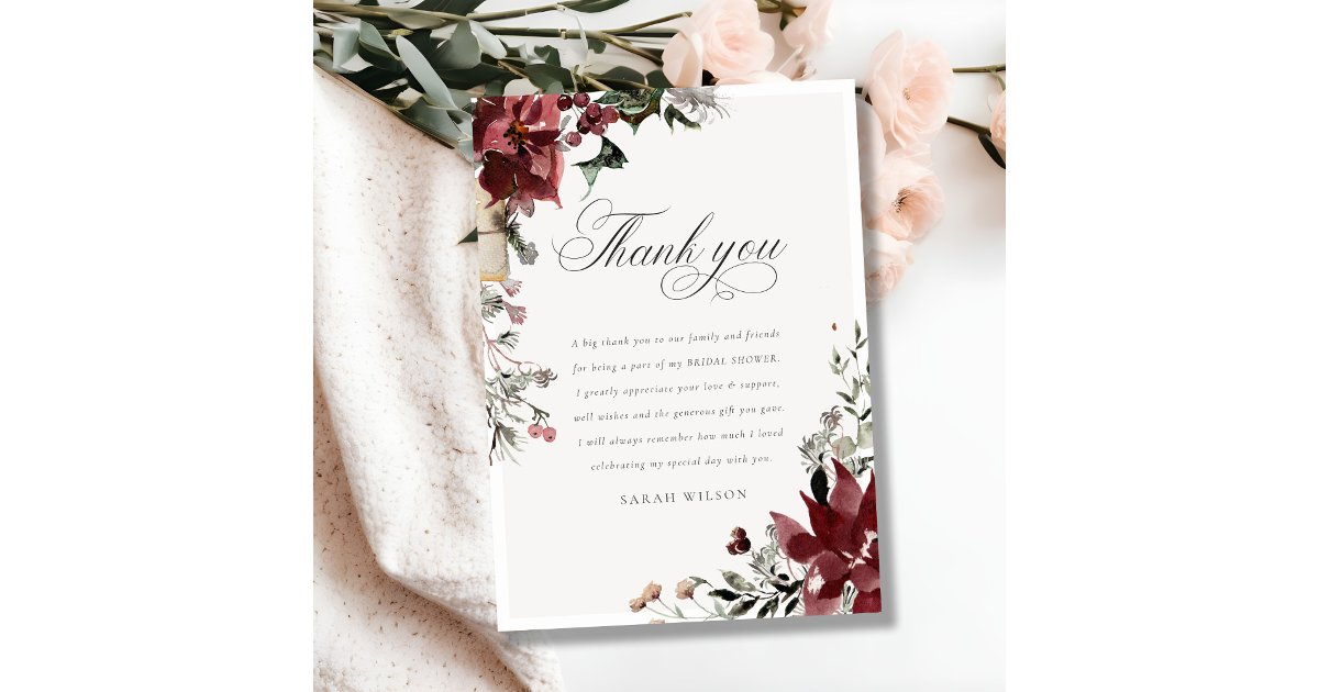 Dusky Warm Winter Festive Foliage Bridal Shower Thank You Card | Zazzle