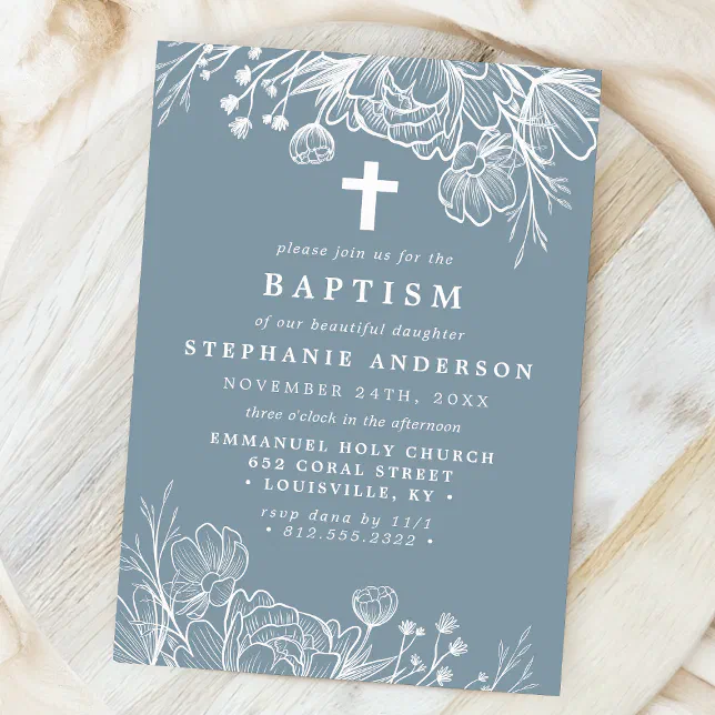 Dusty Blue and White Floral Baptism Invitation | Zazzle