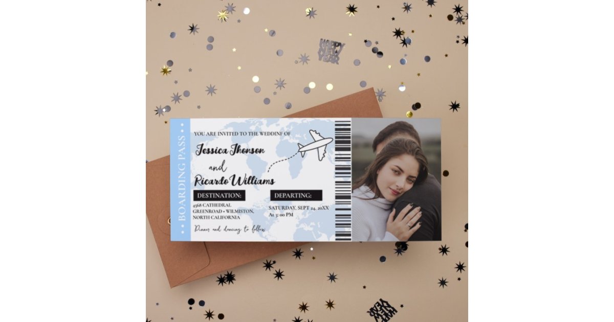 Dusty Blue Boarding pass monogram wedding ticket Invitation | Zazzle