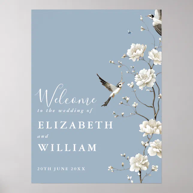 Dusty Blue Chinoiserie Floral Wedding Welcome Sign | Zazzle