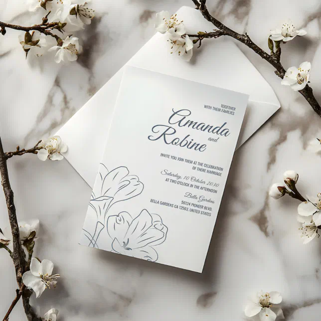 Dusty Blue Floral Outline Wedding Invitation | Zazzle