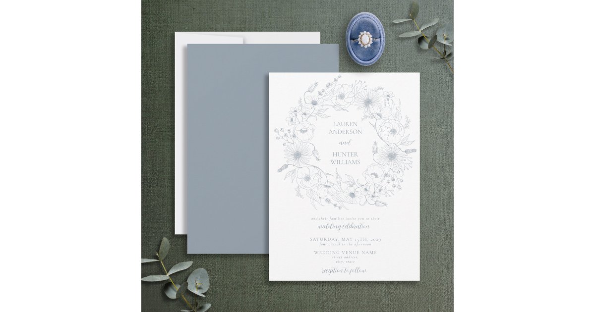 Dusty Blue Line Art Floral Wreath Wedding Invitation | Zazzle