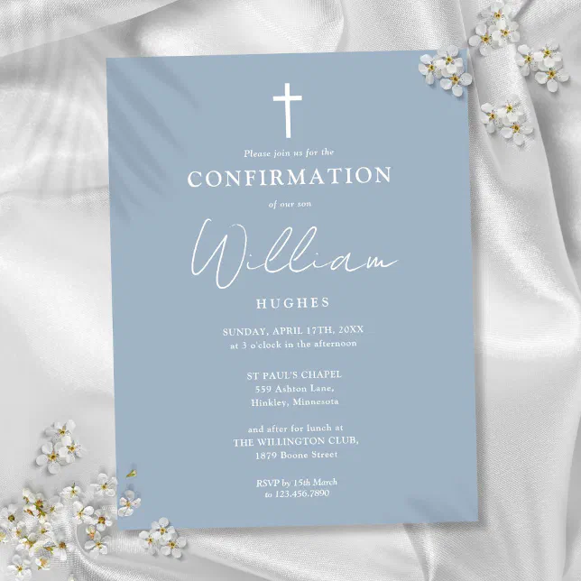 Dusty Blue Minimalist Confirmation Invitation Postcard | Zazzle