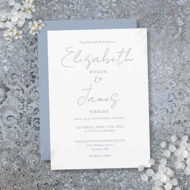 Dusty Blue Minimalist Elegant Script Wedding Invitation | Zazzle