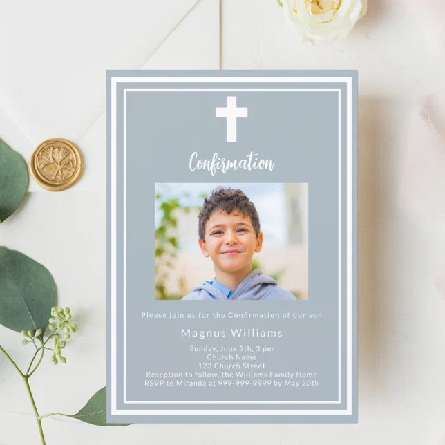 Dusty blue photo boy Confirmation Invitation | Zazzle
