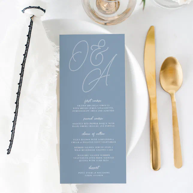 Dusty Blue | Script Watermark Monogram Wedding Menu | Zazzle