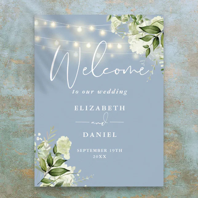 Dusty Blue String Lights Floral Wedding Welcome Poster | Zazzle