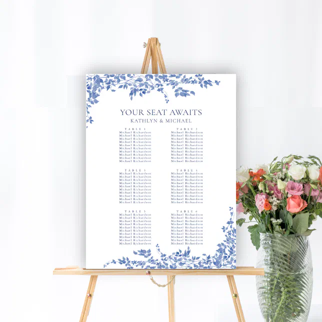 Dusty Blue Vintage Floral Wedding 6 Table Seating Poster | Zazzle