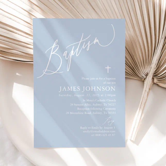 Dusty Blue White Cross Boy Baptism Invitation | Zazzle