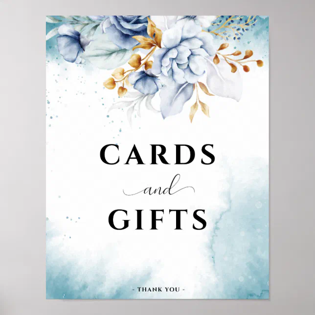 Dusty Blue White Gold Floral Wedding Cards & Gifs Poster | Zazzle