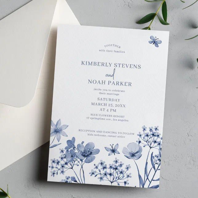 Dusty blue wildflowers modern wedding invitation | Zazzle
