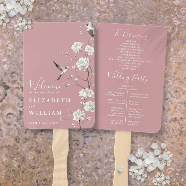 Dusty Rose Chinoiserie Floral Wedding Program Hand Fan | Zazzle