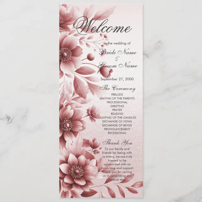 Dusty Rose Floral Wedding Program Programme | Zazzle