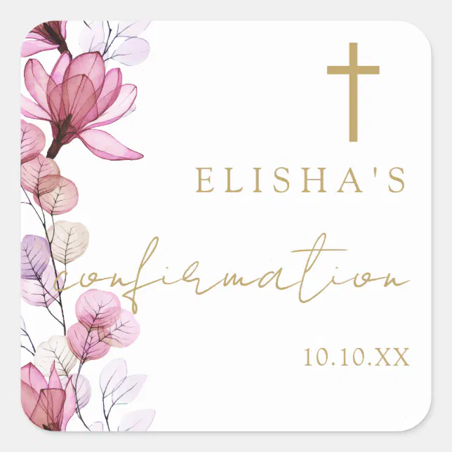 Dusty Rose Pink Elegant Floral Confirmation Square Sticker | Zazzle