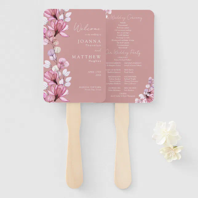 Dusty Rose Transparent Floral Wedding Program Hand Fan | Zazzle