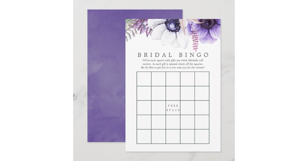 Dusty Violet Watercolor Floral Bridal Shower Bingo Invitation | Zazzle