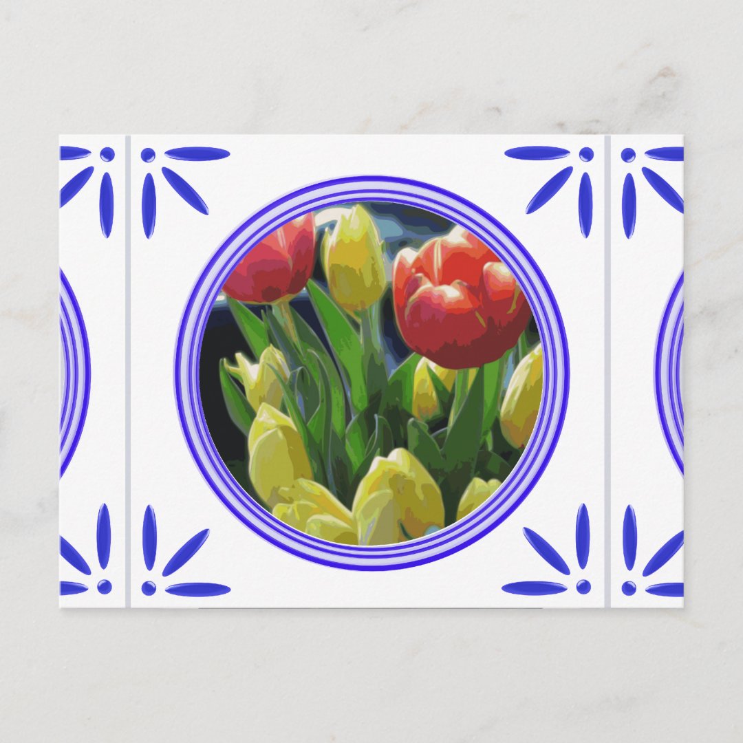 Dutch Tulips Traditional Delft Blue Tile Postcard | Zazzle