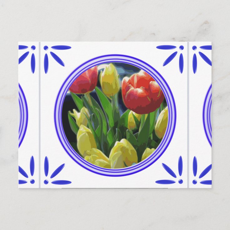 Dutch Tulips Traditional Delft Blue Tile Postcard | Zazzle
