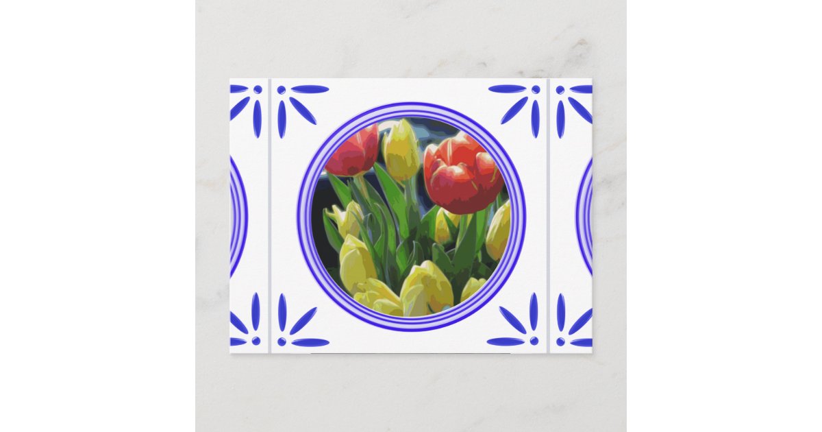 Dutch Tulips Traditional Delft Blue Tile Postcard | Zazzle