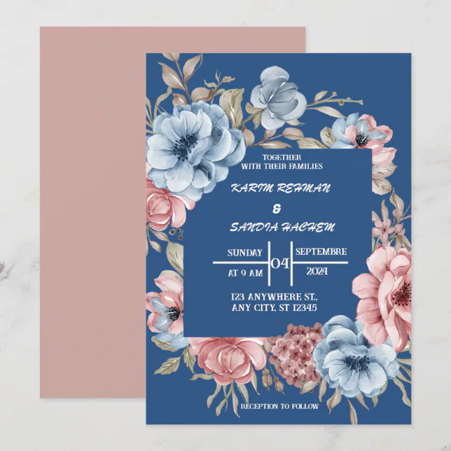Earthy Orange Roses Floral Navy Blue Wedding Invitation | Zazzle