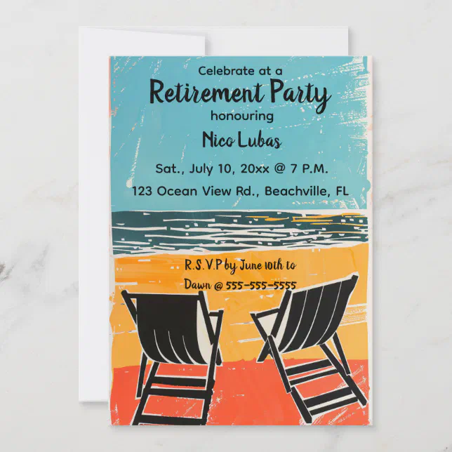 Editable Chairs at a Beach Retirement Party Invitation | Zazzle