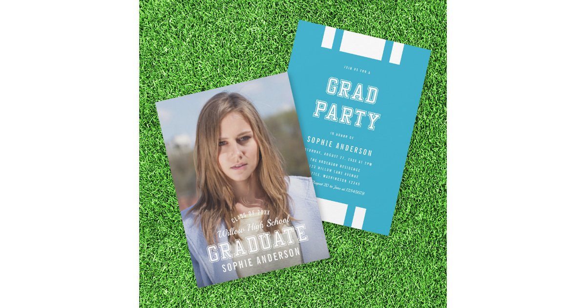 Editable Color Varsity Photo Graduate Grad Party Invitation | Zazzle