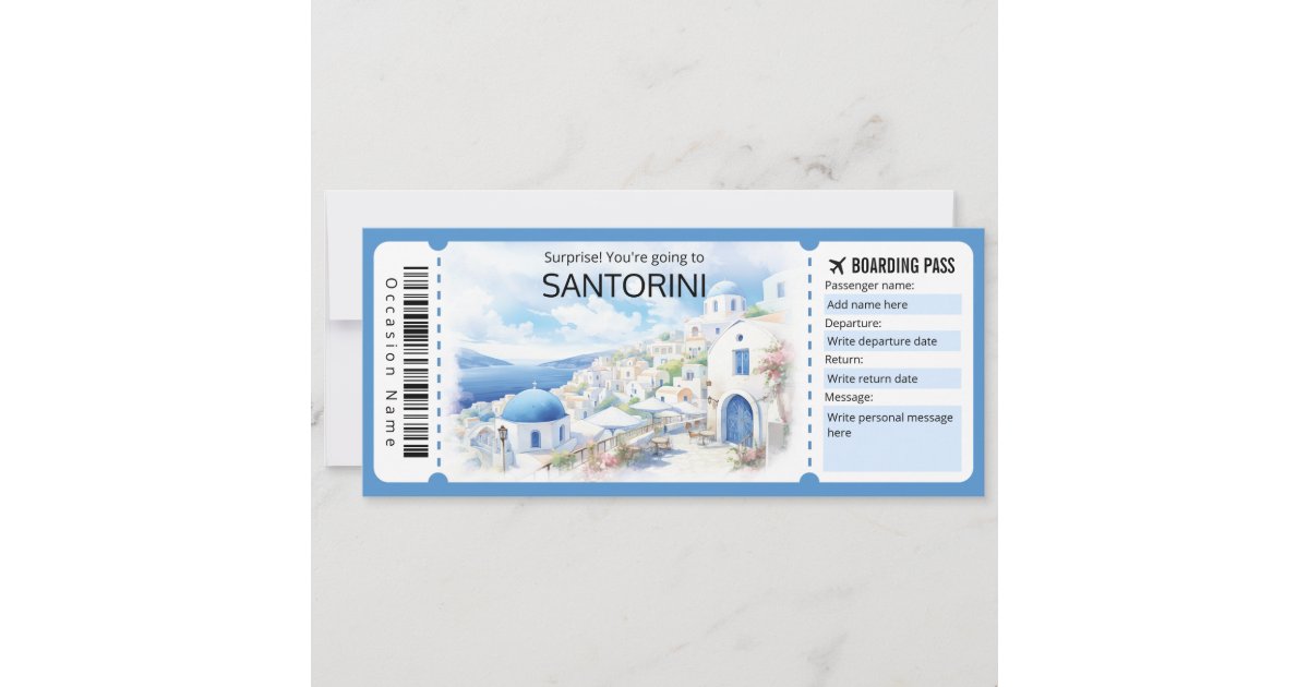 Editable Santorini Plane ticket, Greece Trip Invitation | Zazzle