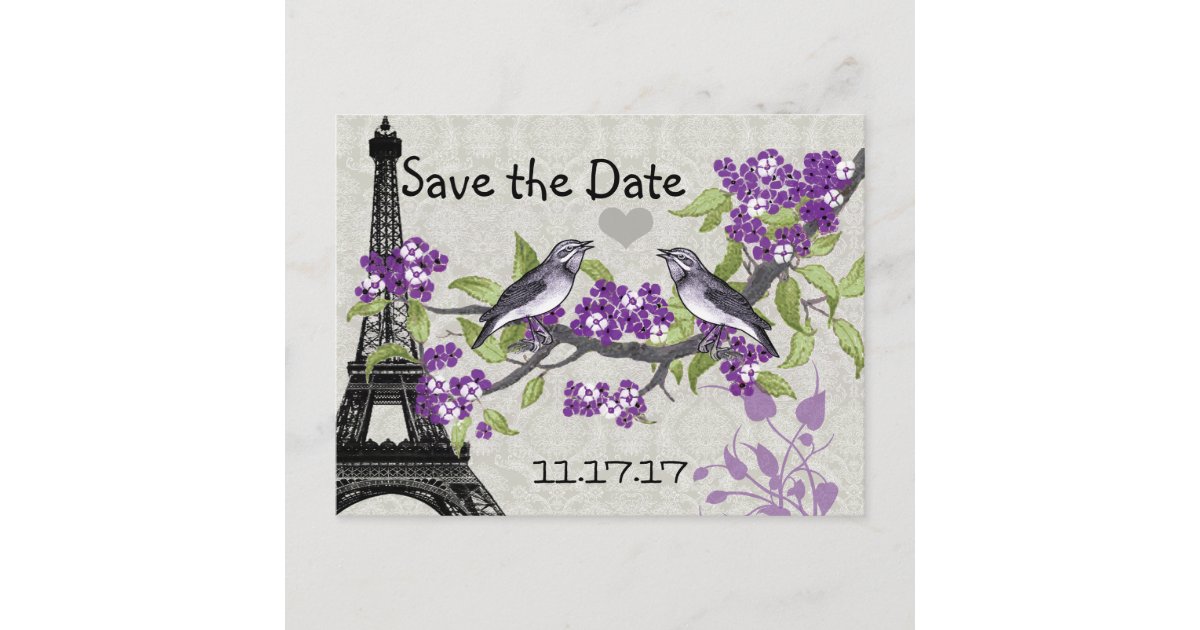 Effiel Tower Vintage Love Bird Save the Date Announcement Postcard | Zazzle