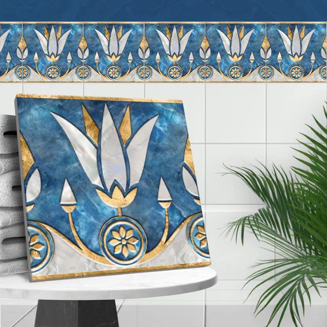 Egyptian Lotus Border - Blue Marble, Pearl Gold Tile | Zazzle