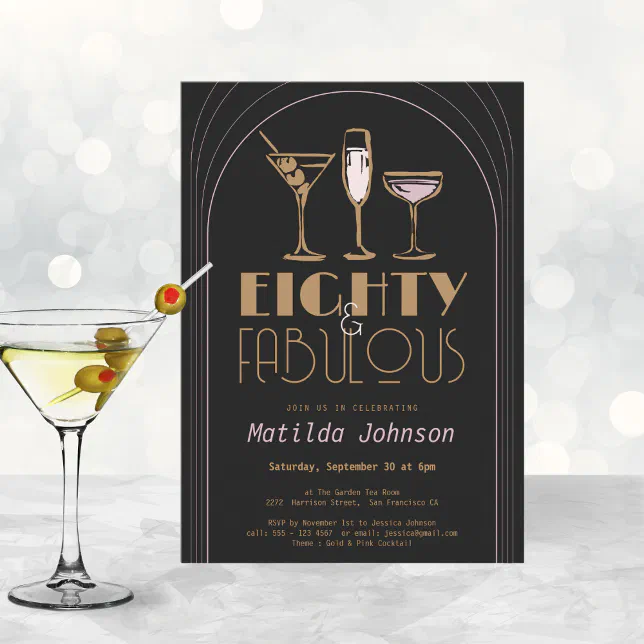 Eighty Fabulous Cocktail Gold Black 80th Birthday Invitation | Zazzle
