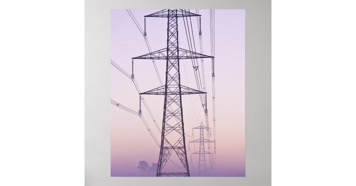Electricity pylons in mist at dawn. poster | Zazzle