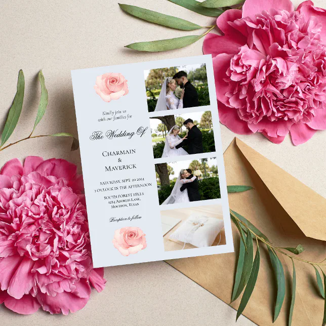 Elegance Rose Pink and Collage 4 Photo Wedding Invitation | Zazzle