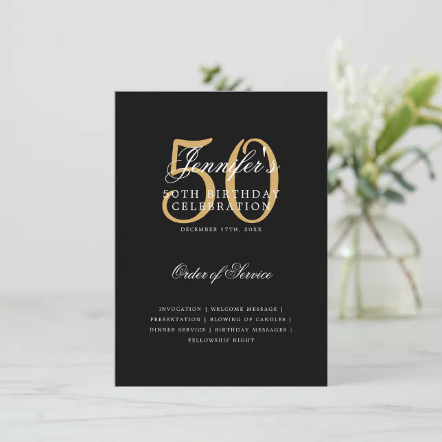 Elegant 50th Birthday Program Gold Black w/ Menu Invitation | Zazzle